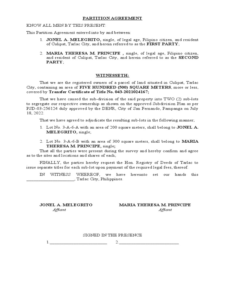 Partition Agreement for Tarlac Property | PDF | Law And Economics ...