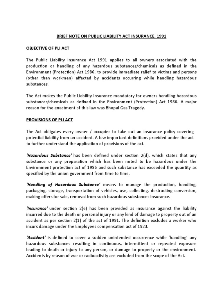 Overview of Public Liability Insurance Act | PDF