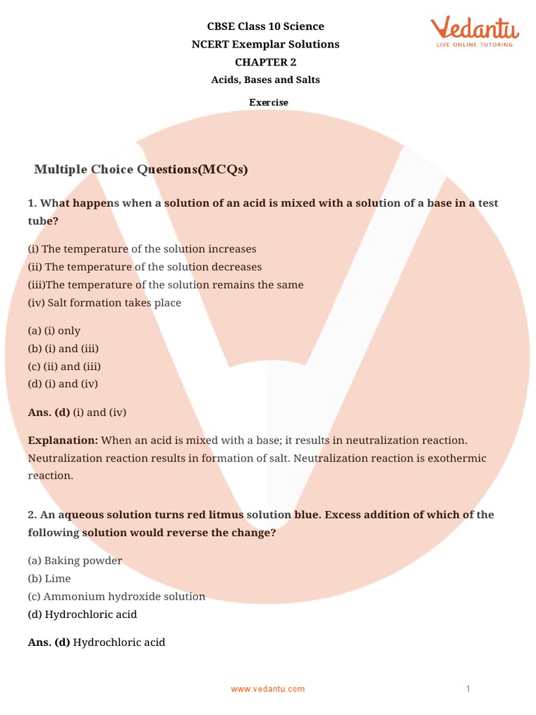 CBSE Class 10 Science NCERT Exemplar Solutions Chapter 2 Acids, Bases and Salts MCQs | PDF ...