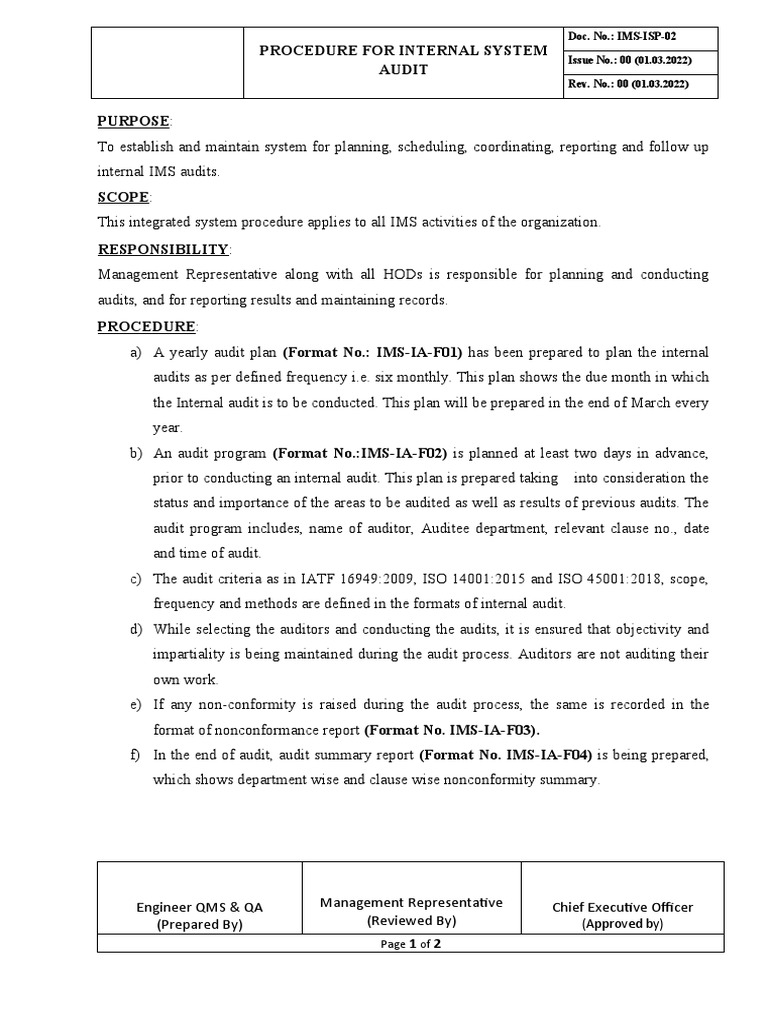 IMS-ISP-02 Rev 00 SOP For Internal System Audit | PDF | Audit ...