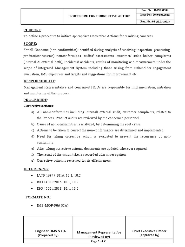 IMS-ISP-04 Rev 00 SOP For Corrective Action | PDF | Audit | Evaluation