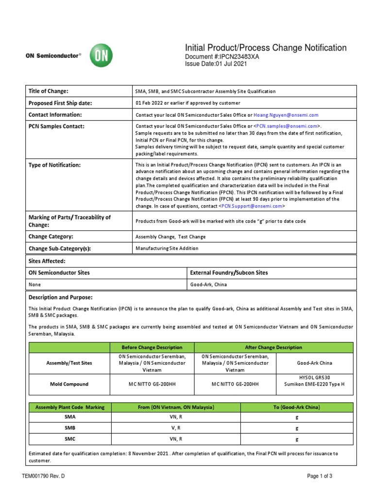 Initial Product/Process Change Notification: Document #:IPCN23483XA ...