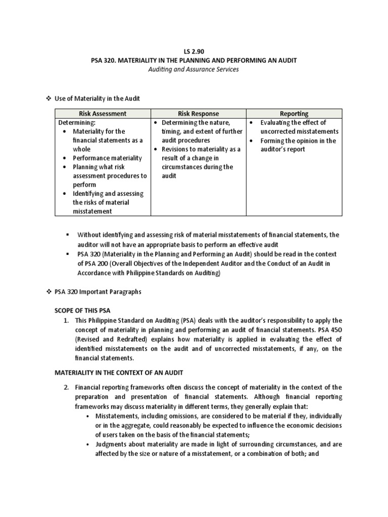 LS 2.90 - PSA 320 Materiality in The Planning and Performing An Audit | Download Free PDF ...