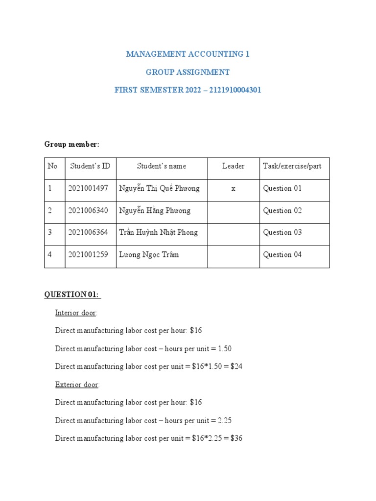 Management Accounting 1 Group Assignment First Semester 2022