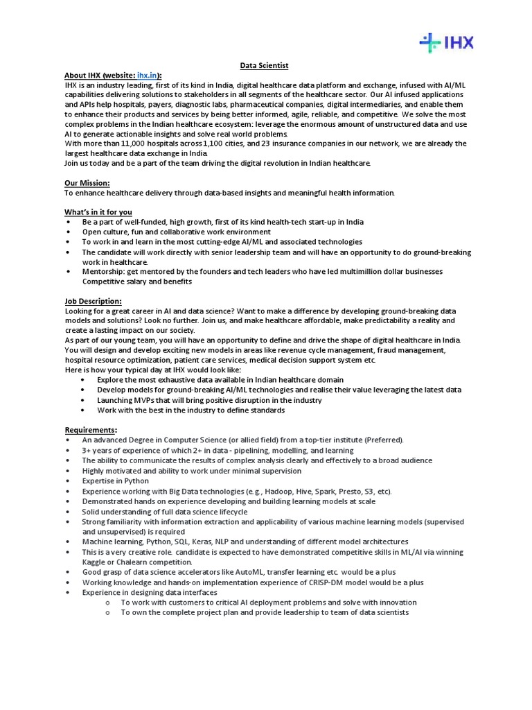 IHX - Data Scientist JD | PDF | Artificial Intelligence | Intelligence (AI) & Semantics
