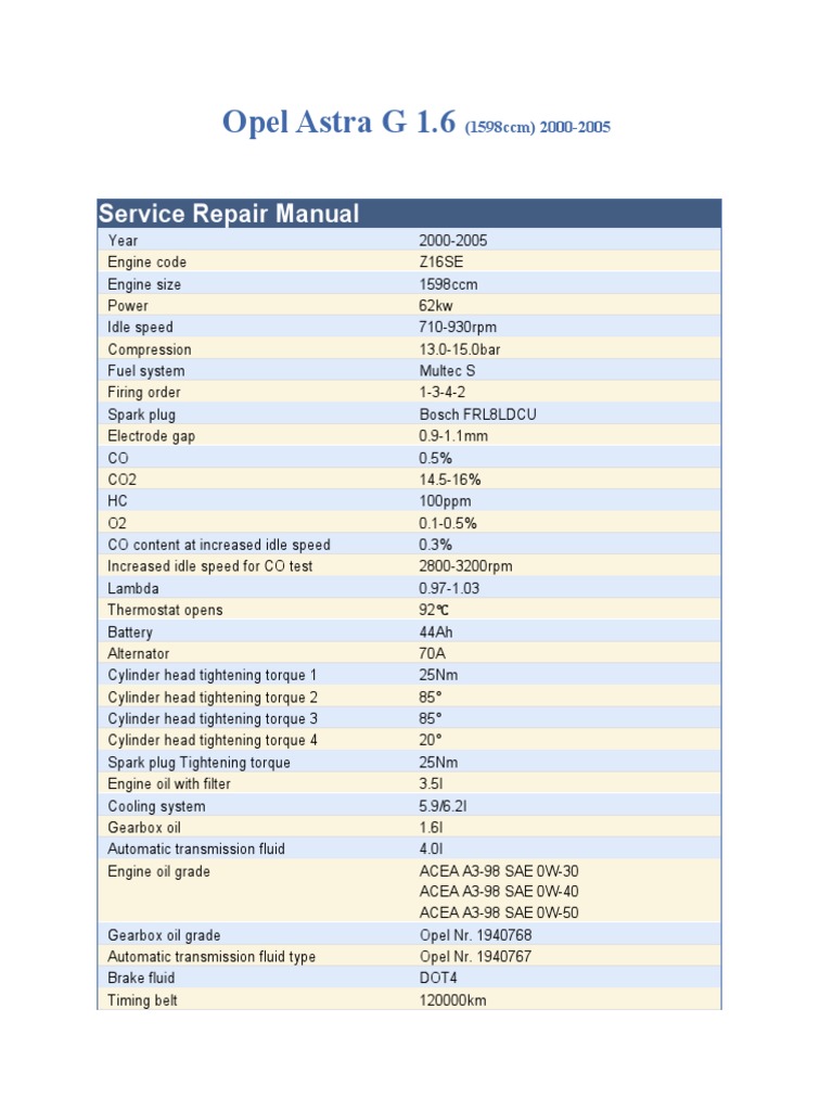 Opel Astra G 1.6 Service Manual 2000-2005 | PDF