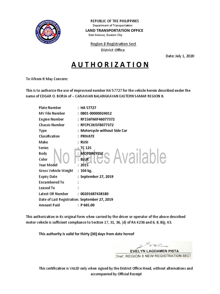 Republic of The Philippines (Authorization) | PDF | Wheeled Vehicles ...