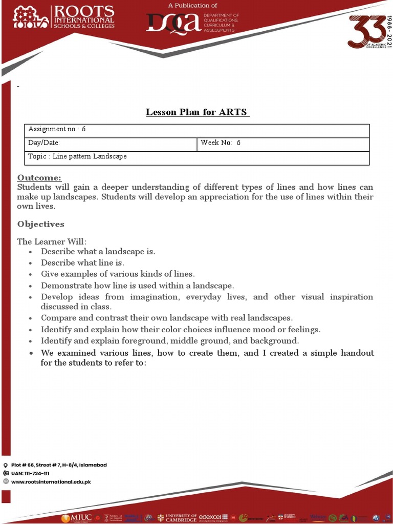 Lesson Plan For ARTS: Outcome | PDF | Landscape | Cognitive Psychology