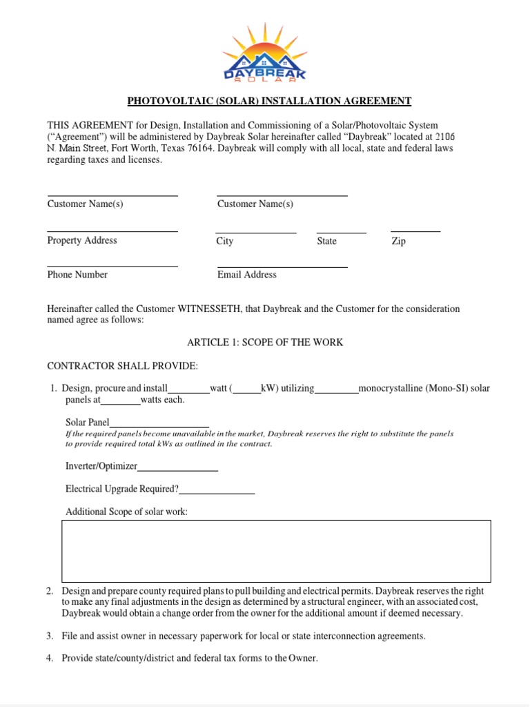 Photovoltaic (Solar) Installation Agreement | PDF | Implied Warranty ...