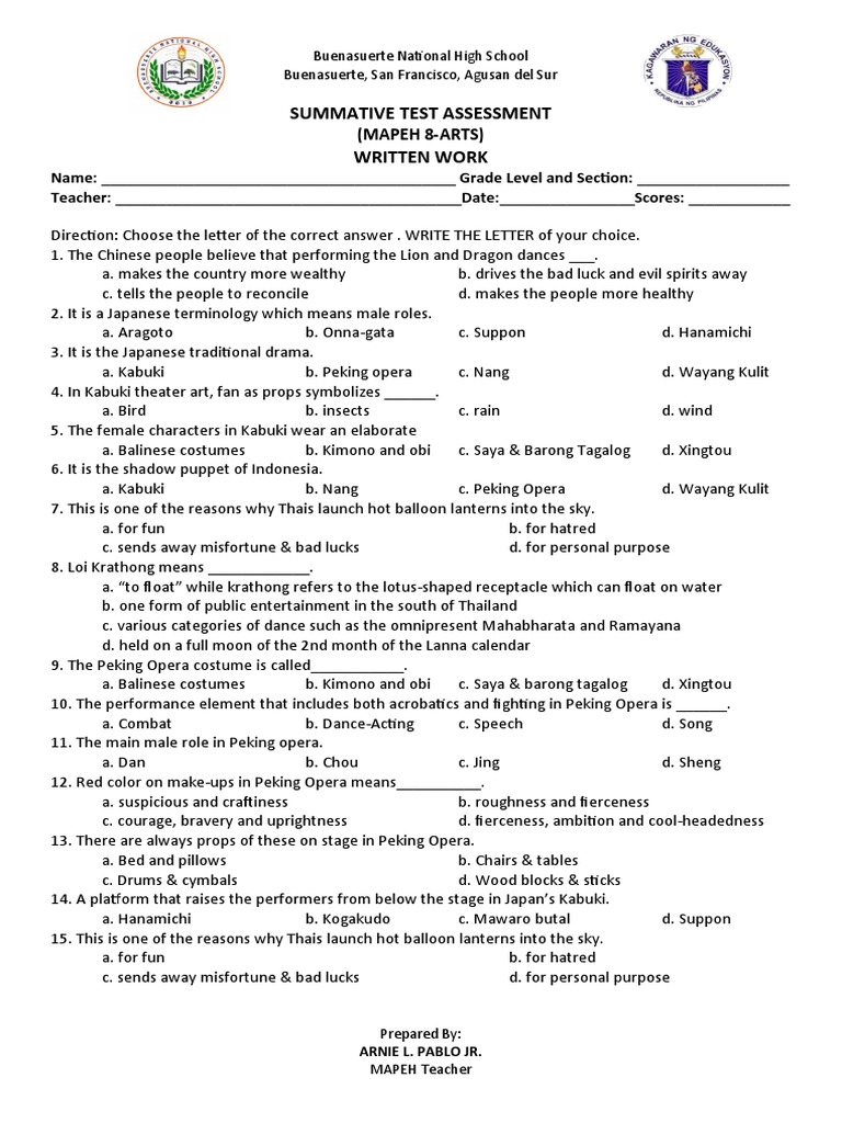 ARTS 8 Summative Assessment | PDF | Performing Arts | Theatre