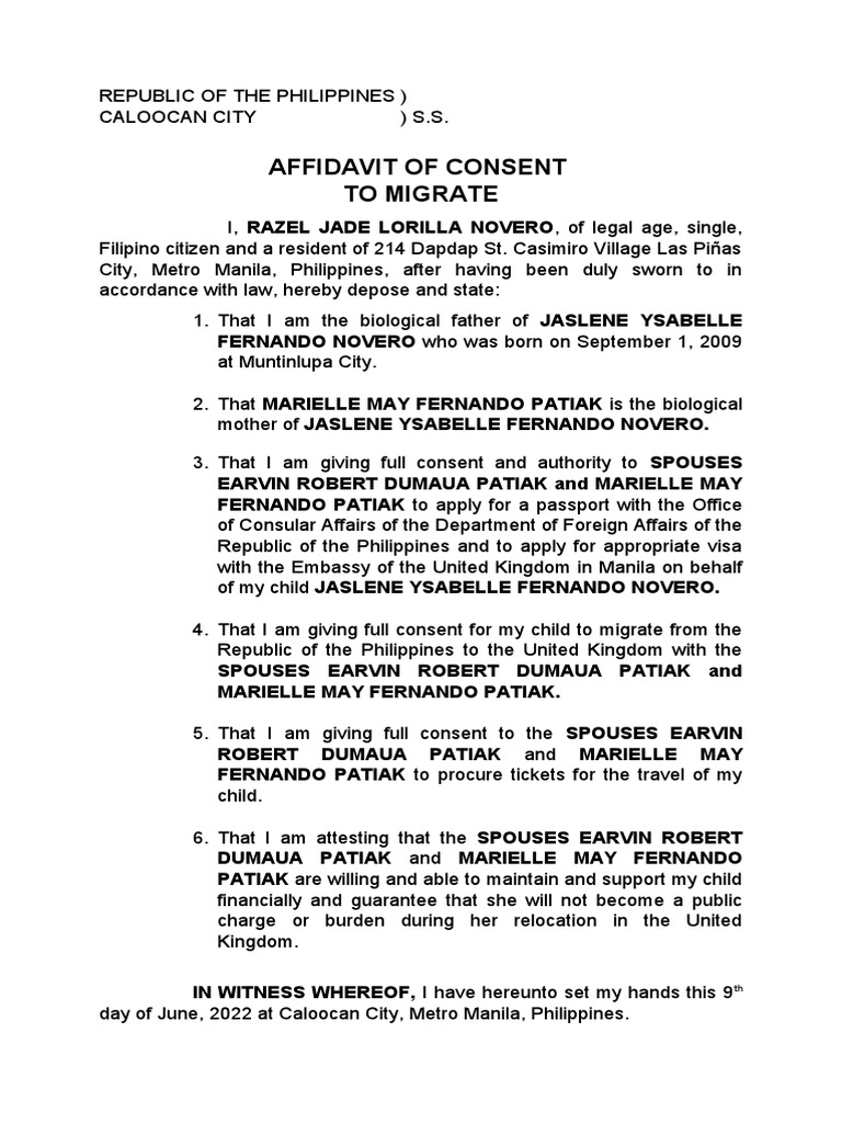 Affidavit of Consent To Migrate | PDF | Affidavit | Government