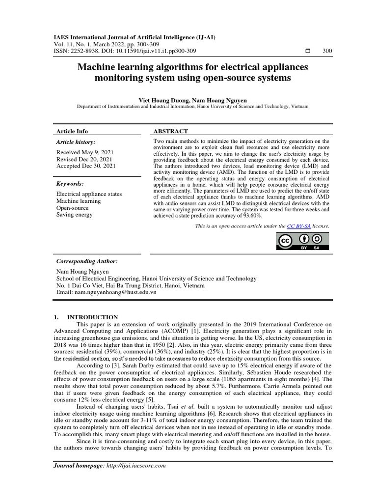 Machine Learning Algorithms For Electrical Appliances Monitoring System Using Open-Source ...