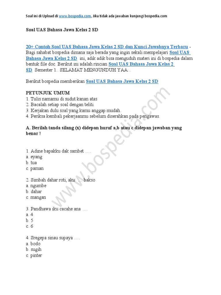20 - Contoh Soal UAS Bahasa Jawa Kelas 2 SD Dan Kunci Jawabnya | PDF | Seni & Disiplin Bahasa ...