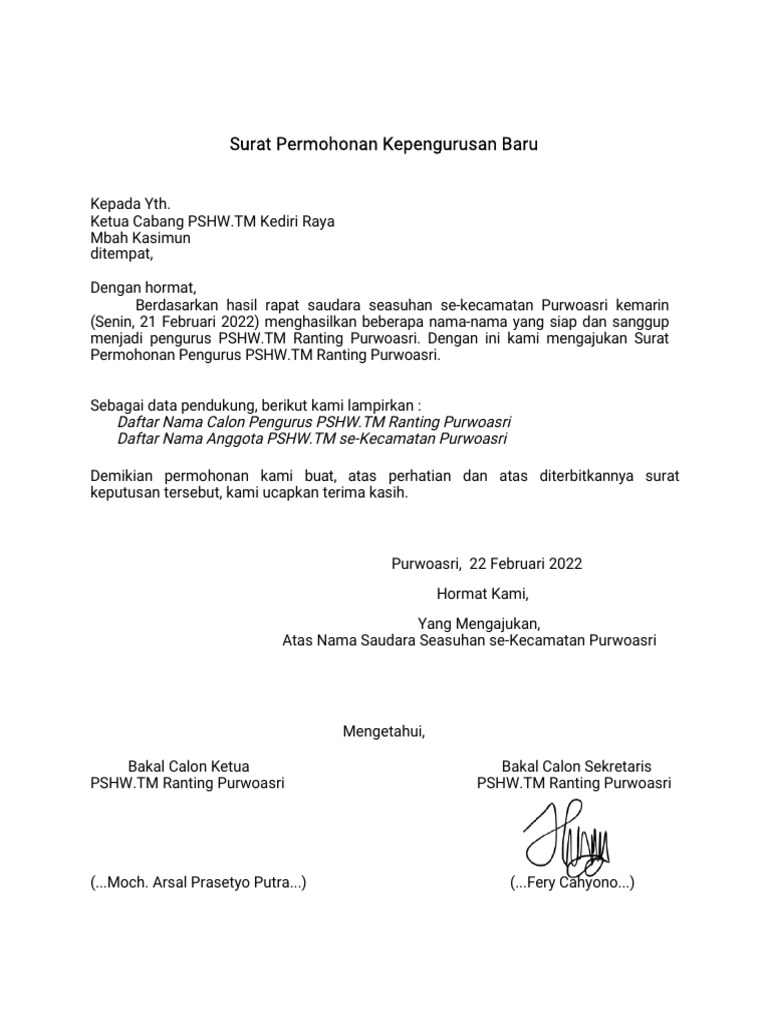 Surat Permohonan Kepengurusan Ranting Purwoasri Beserta Lampiran Nama ...