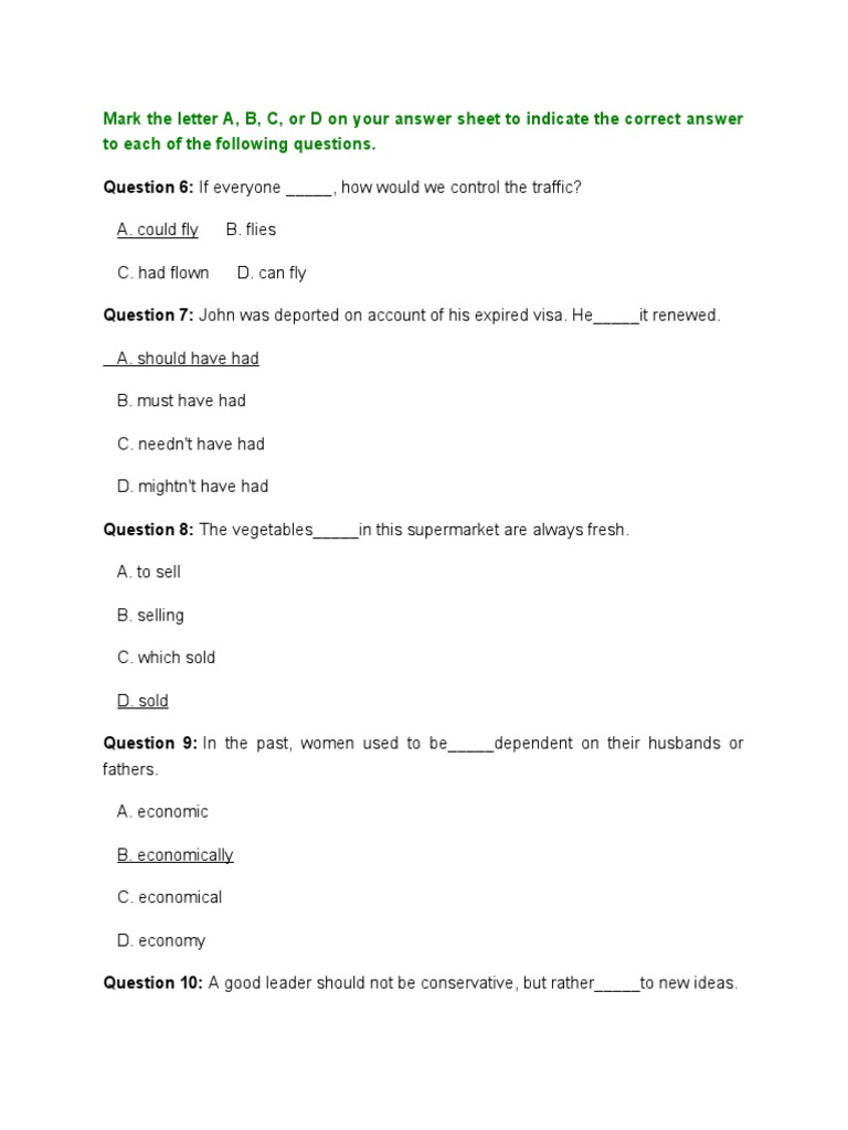 Mark The Letter A, B, C, or D On Your Answer Sheet To Indicate The Correct Answer To Each of The ...