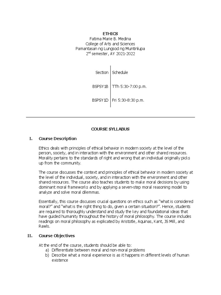 GE8 Ethics Syllabus (AY 2122 S02) Medina | PDF | Applied Ethics ...