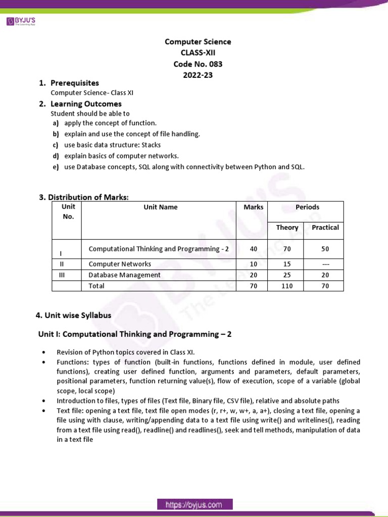 CBSE Class 12 Computer Science Syllabus 2022 23 | PDF | Computer ...