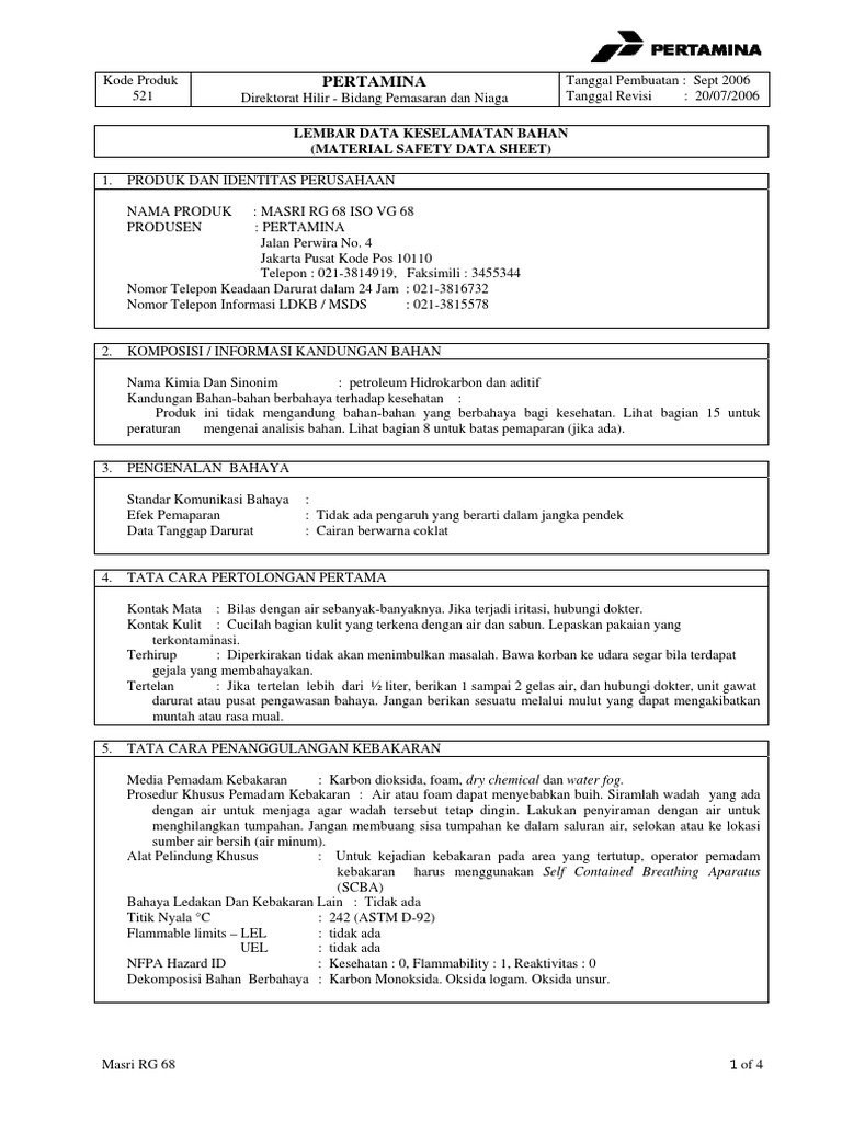 MSDS Masri RG 68 Pertamina | PDF | Teknologi & Rekayasa
