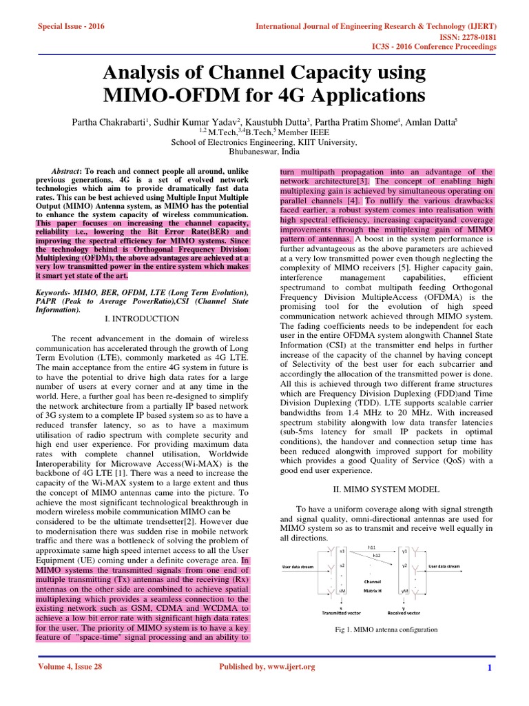 Analysis of Channel Capacity Using Mimo Ofdm For 4g Applications IJERTCONV4IS28014 | PDF | Mimo ...