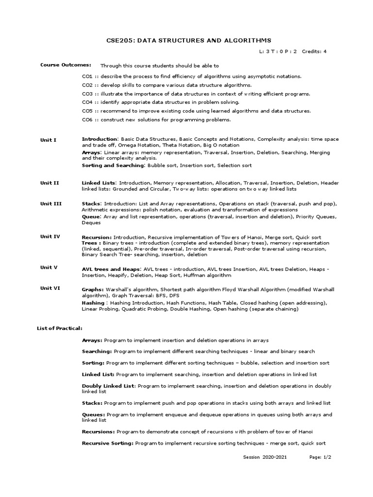Cse205: Data Structures and Algorithms: Session 2020-2021 Page: 1/2 | Download Free PDF ...