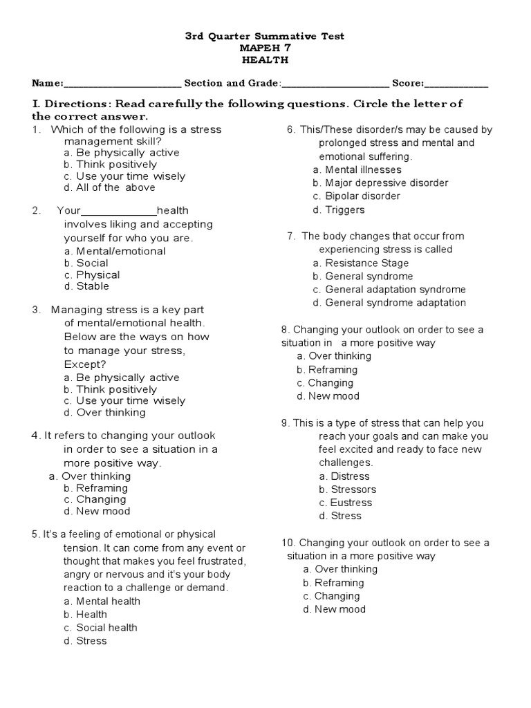 Grade 7 Mental Health Assessment | PDF | Stress (Biology) | Mental Disorder