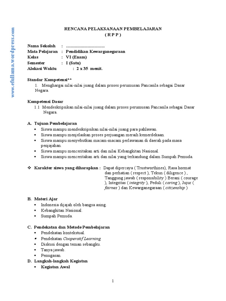 RPP Kelas Vi SD SMT 1 PKN | PDF