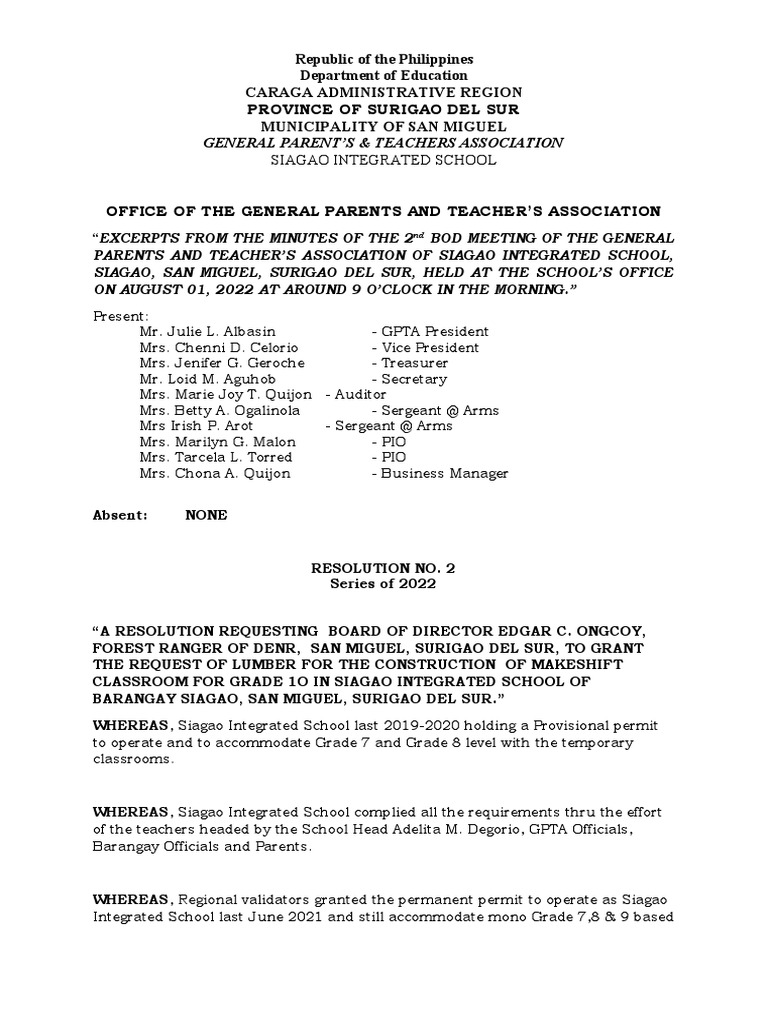 RESULOTION in GPTA For Makeshift Classrooms | PDF