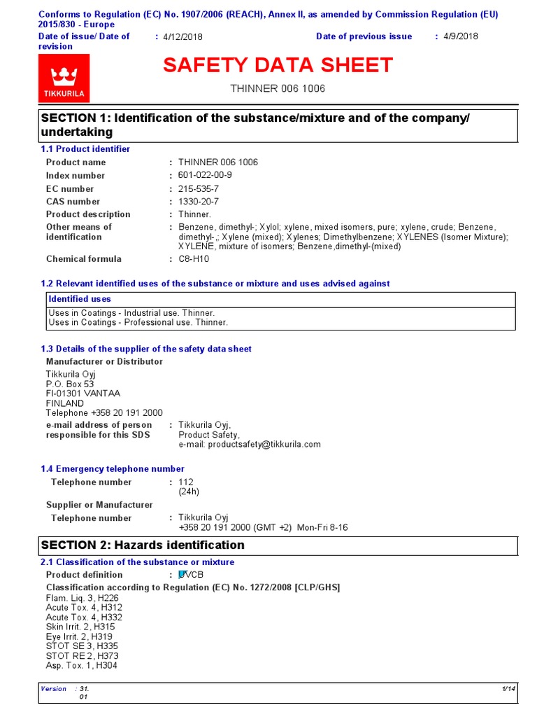 Xylene-Based Thinner Safety Data Sheet | PDF | Firefighting | Toxicity