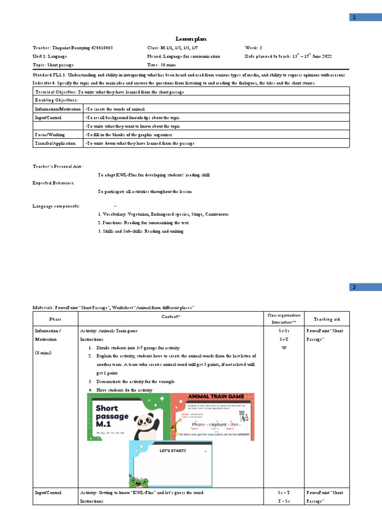 Short Passage Lesson Plan | PDF | Lesson Plan | Teachers