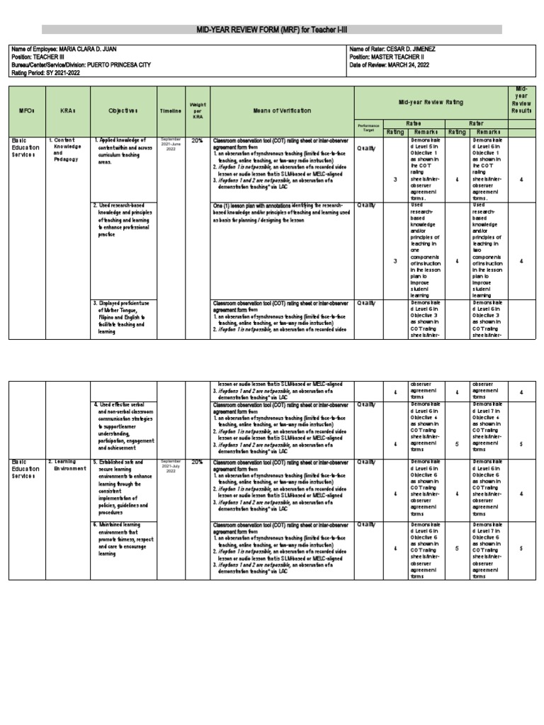 Mid-Year Review Form (MRF) For Teacher I-Iii | PDF | Teaching Method ...