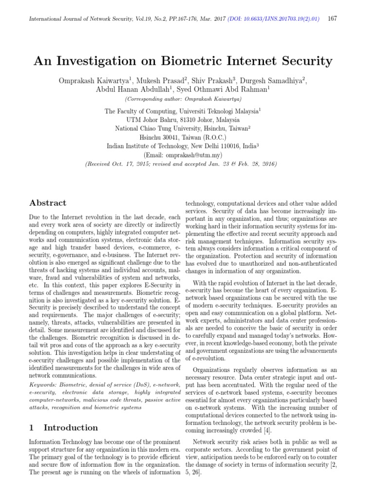 An Investigation On Biometric Internet Security | PDF | Biometrics | Computer Security