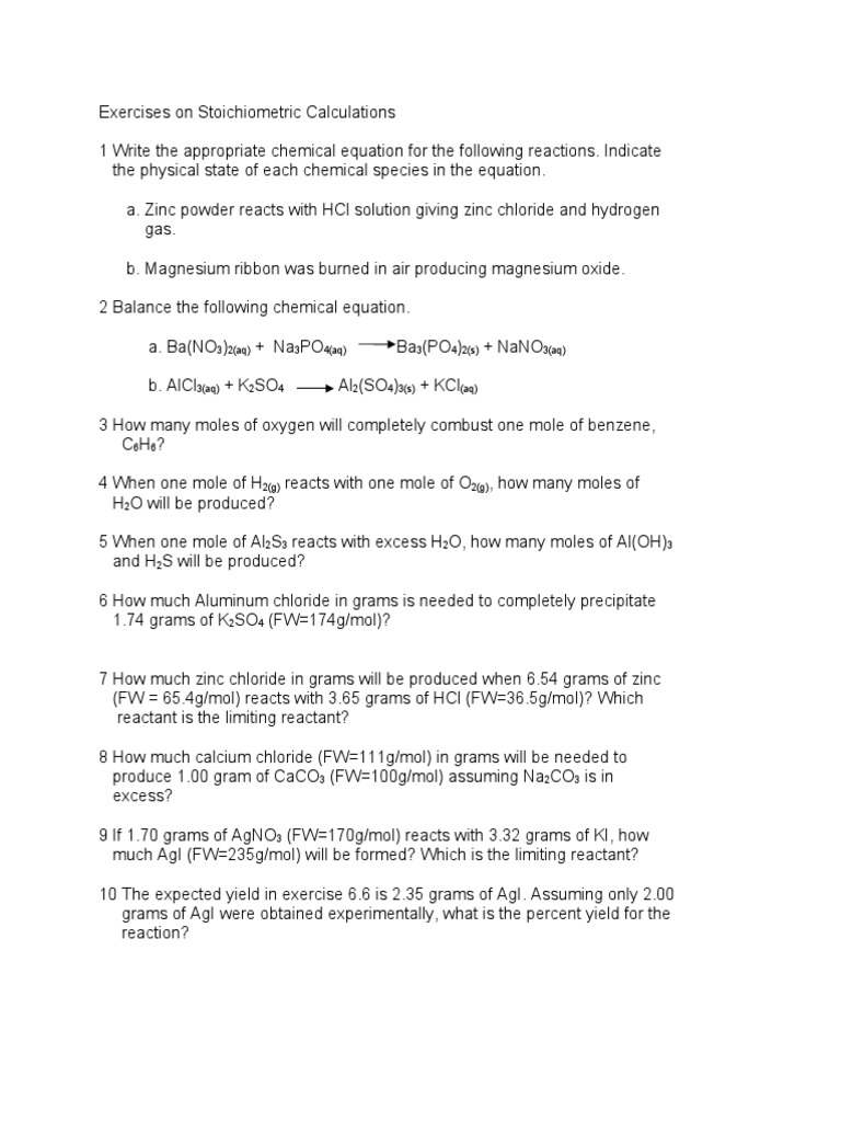 Exercises On Stoichiometric Calculations | PDF
