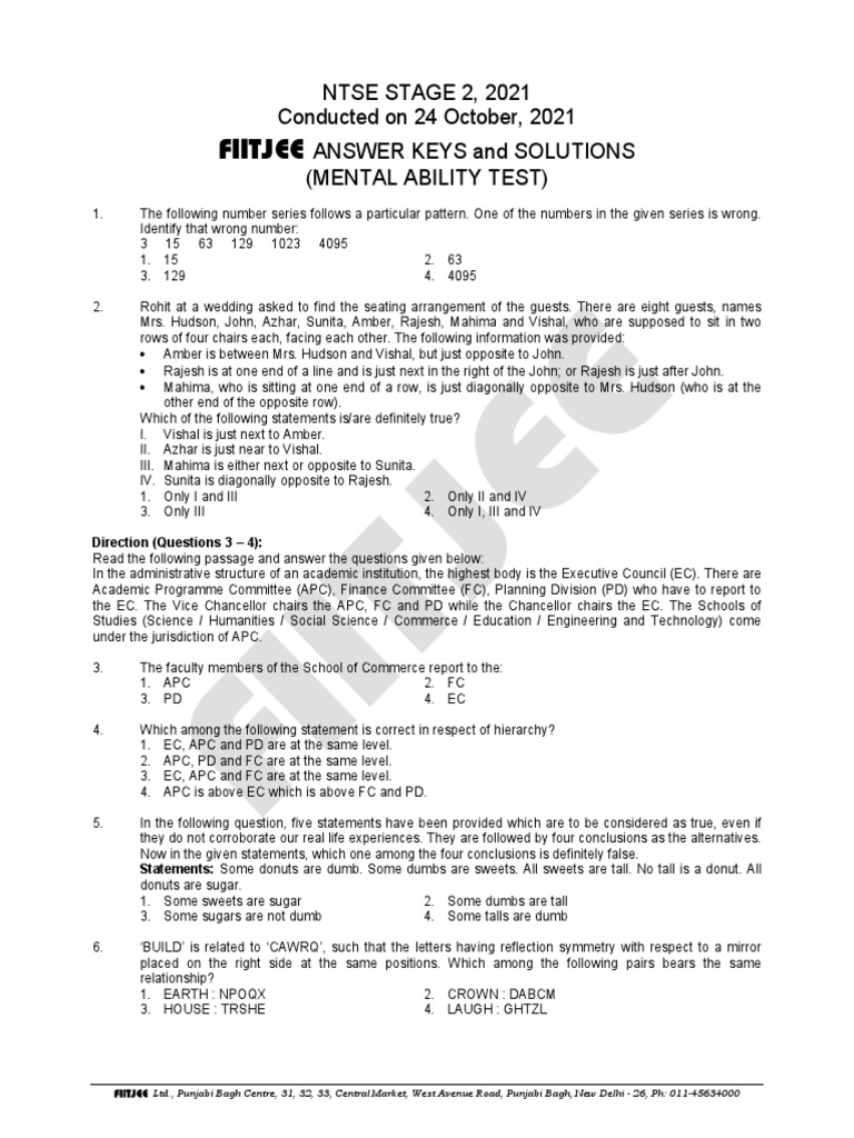 Fiitjee: NTSE STAGE 2, 2021 Conducted On 24 October, 2021 Answer Keys and Solutions (Mental ...