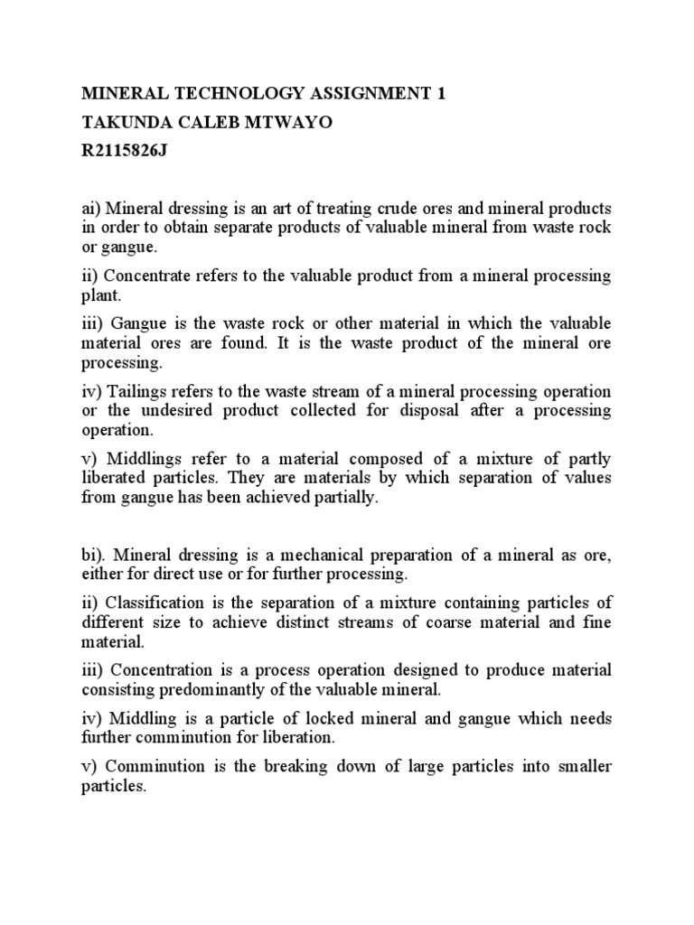 Mineral Technology Assignment 1 | PDF | Metallurgical Assay | Chemistry