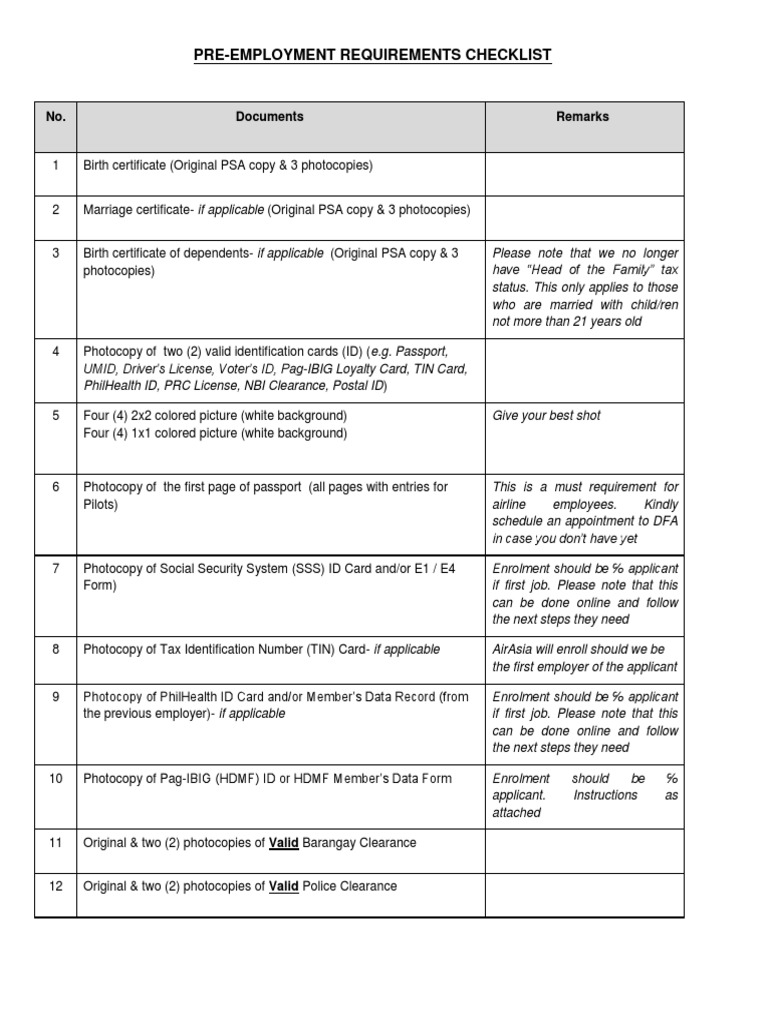 Pre Employment Requirements Checklist Local | PDF | Identity Document