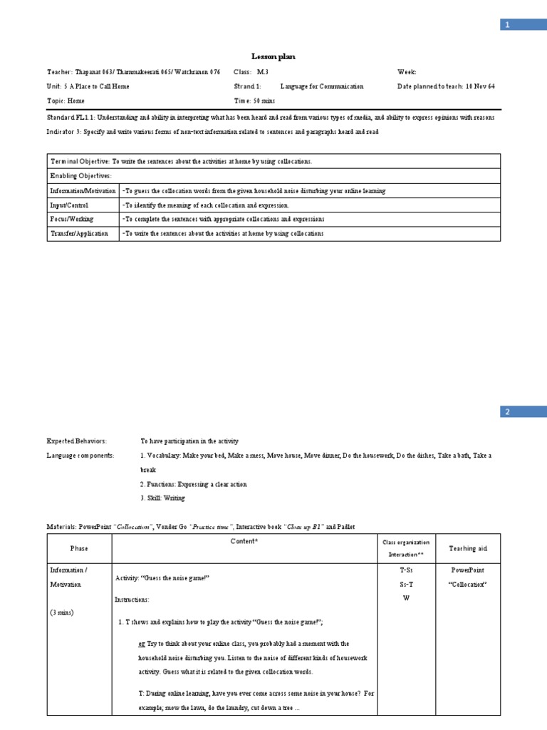แผน Unit 5 Vocabulary Collocation ล่าสุด | PDF | Teachers | Vocabulary