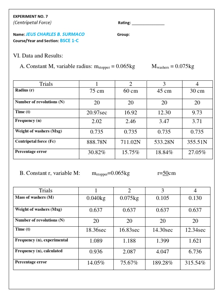 EXPERIMENT NO. 7 - PHY LAB - Surmaco, Jeus Charles - BSCE 1-C | PDF | Force | Speed