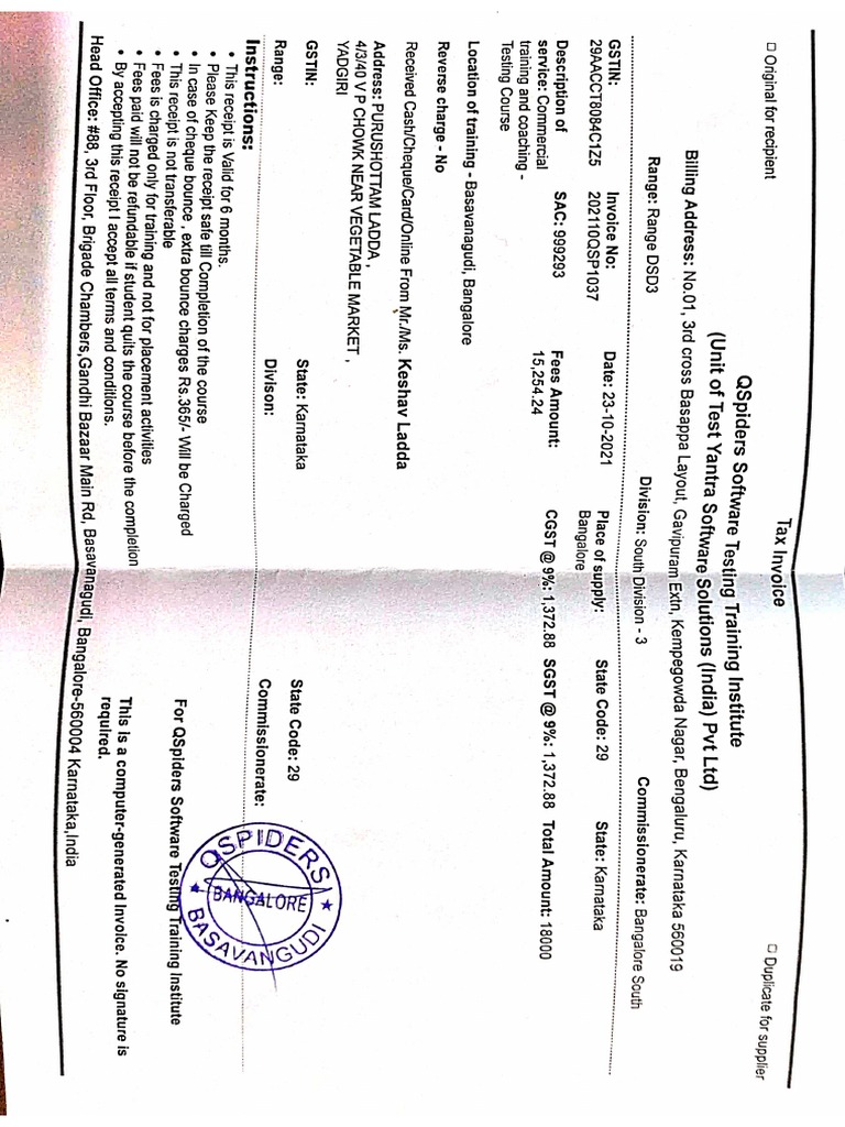 Qspiders Fees Receipt | PDF