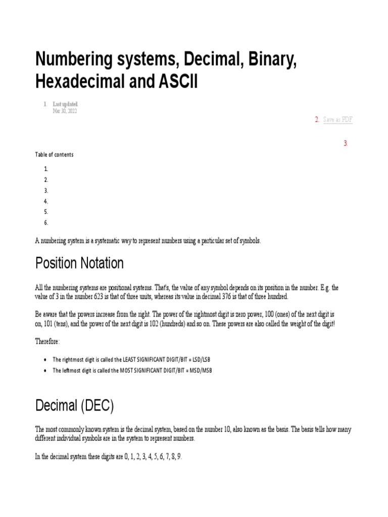 Numbering Systems, Decimal, Binary, Hexadecimal and ASCII: Position Notation | PDF | Ascii | Rgb ...