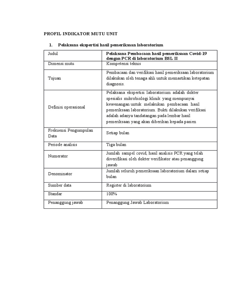 Profil Indikator Mutu Laboratorium | PDF