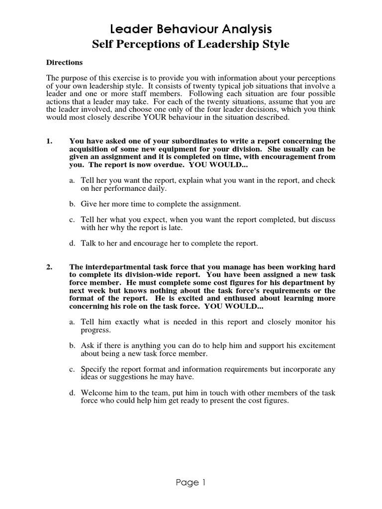 Leader Behaviour Analysis Self Perceptions of Leadership Style | PDF ...