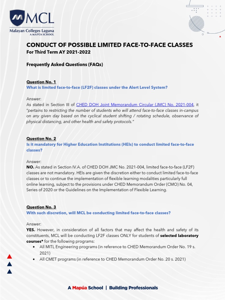 Conduct of Possible Limited Face-To-Face Classes: For Third Term Ay ...