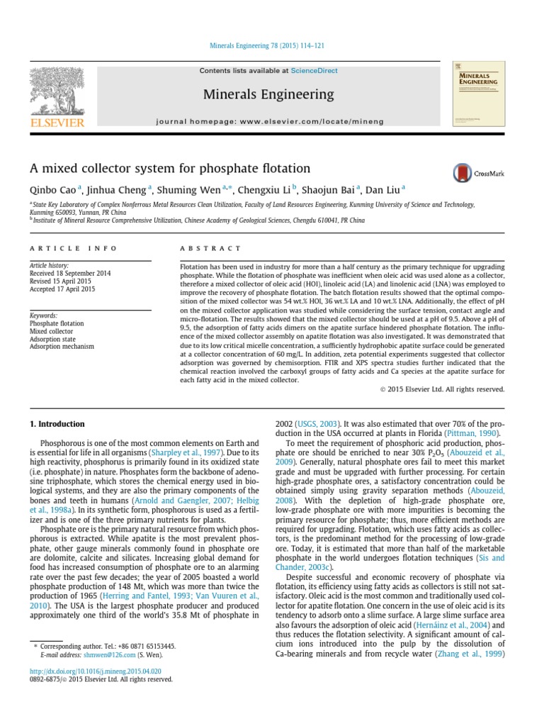 Minerals Engineering: Qinbo Cao, Jinhua Cheng, Shuming Wen, Chengxiu Li ...