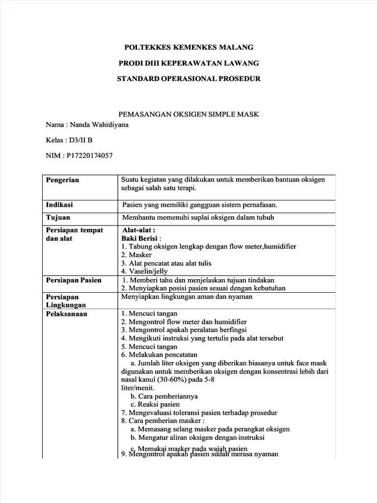PDF Sop Pemasangan Oksigen Simple Mask - Compress | PDF