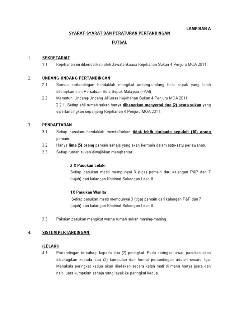Futsal 4 Penjuru - Syarat - Syarat & Peraturan Pertandingan | PDF