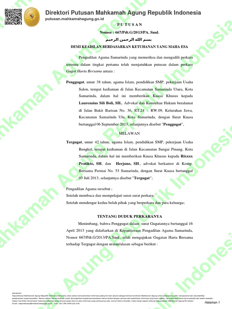 Contoh Putusan Harta Bersama | PDF