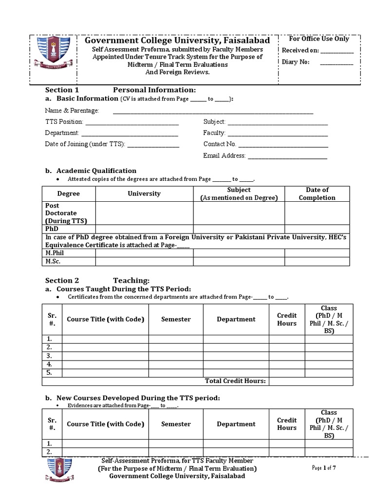 TTS Faculty Self-Assessment Form GCUF | PDF | Thesis | Doctor Of Philosophy
