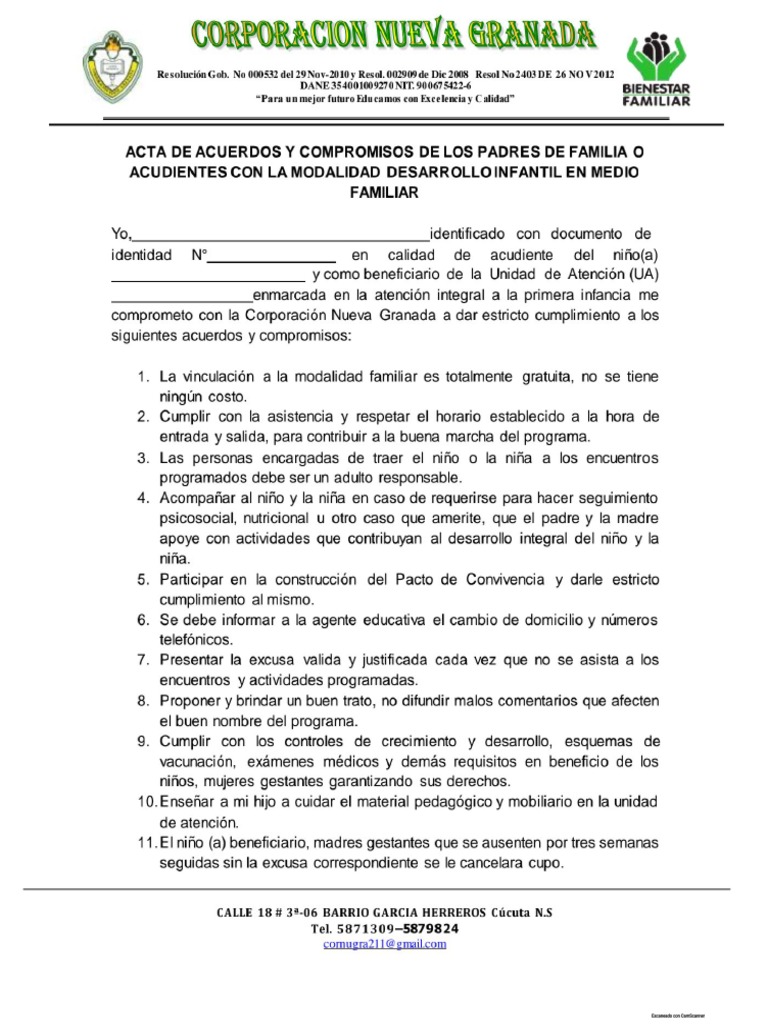 ACTA DE ACUERDOS Y COMPROMISOS PADRES DE FAMILIA MF | PDF