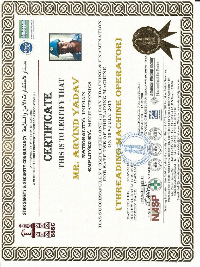 Arvind Yadav Threading Machine Certificate | PDF