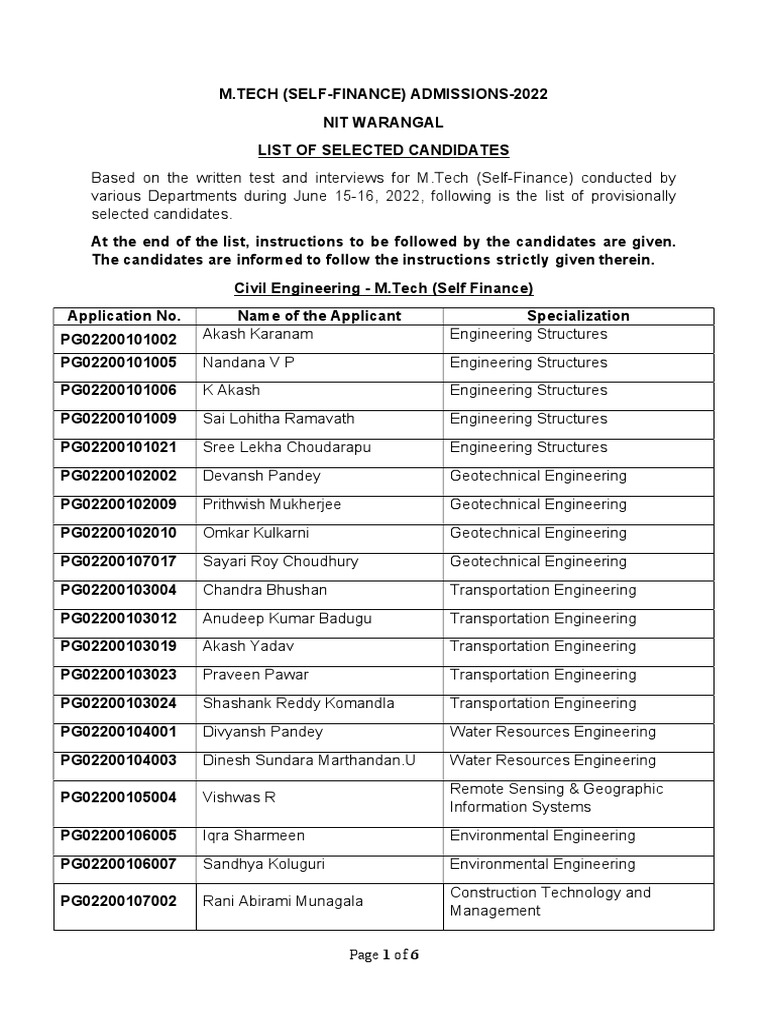 M.Tech Admissions List at NIT Warangal for 2022 | PDF | Engineering